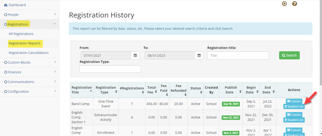 Viewing Student List for a registration – Total Registration Support